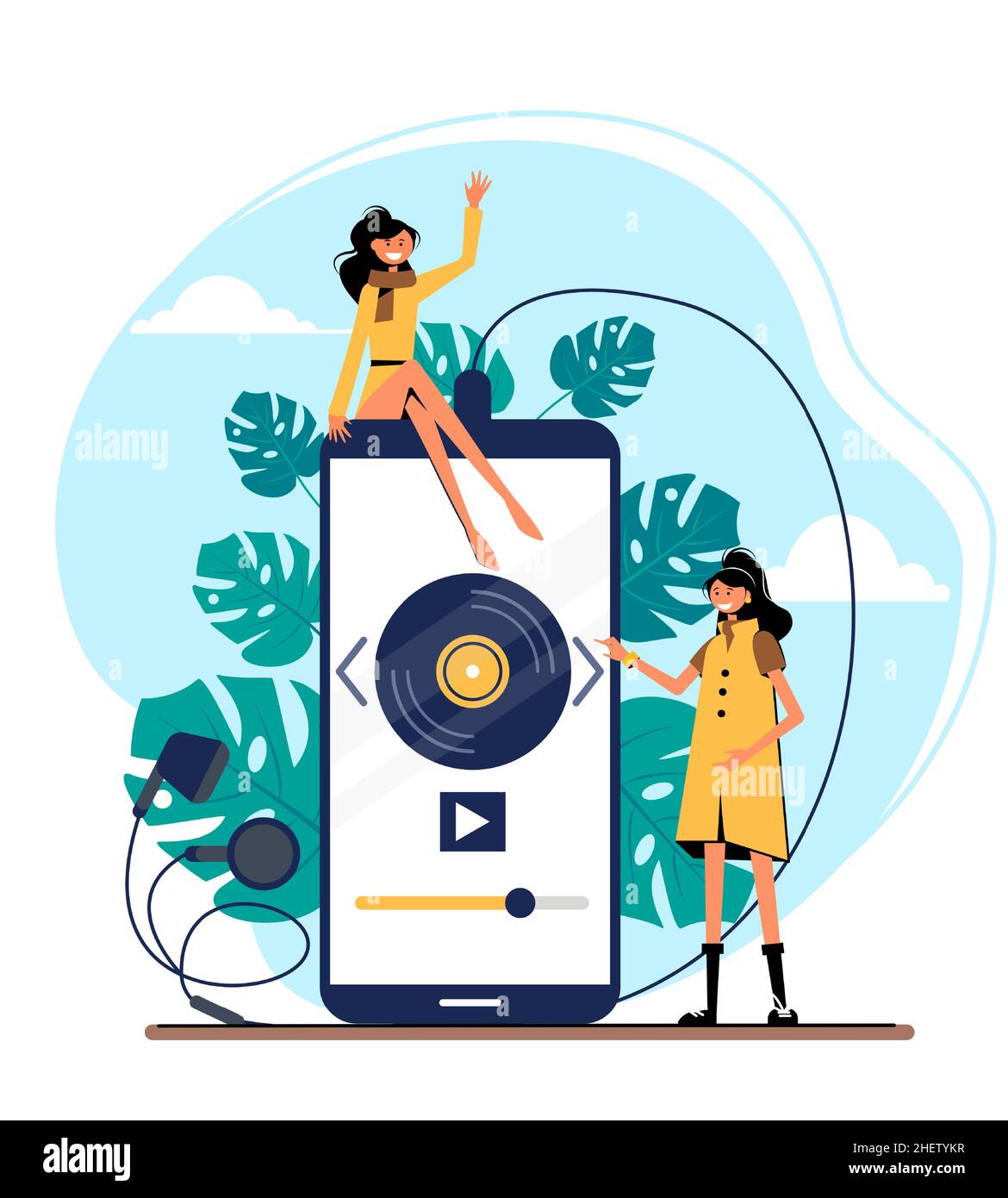 Music Streaming Illustration with pretty women and smartphone. Vector ...