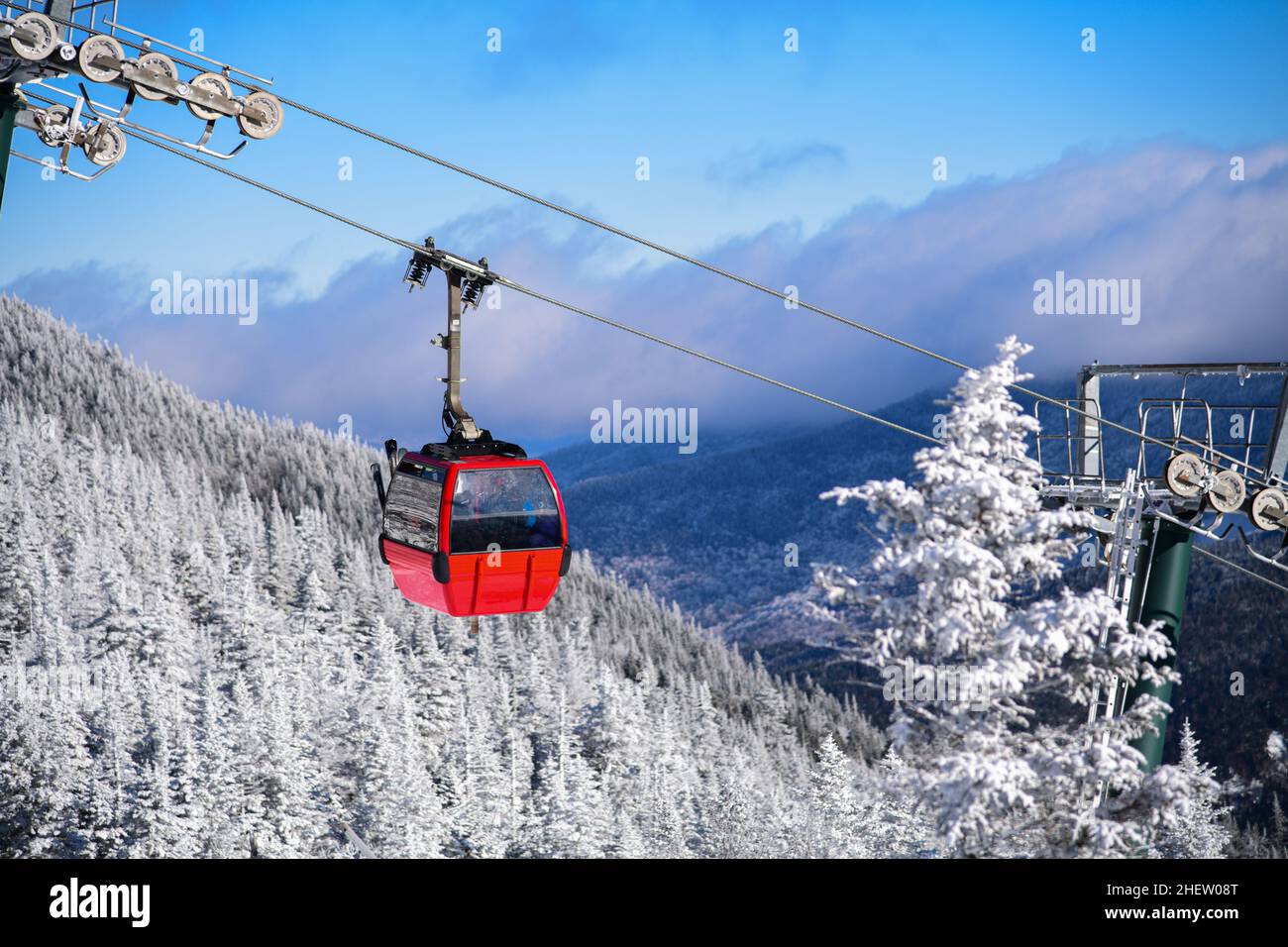 Mountain ski resort gondola. Winter landscape with pine trees covered ...