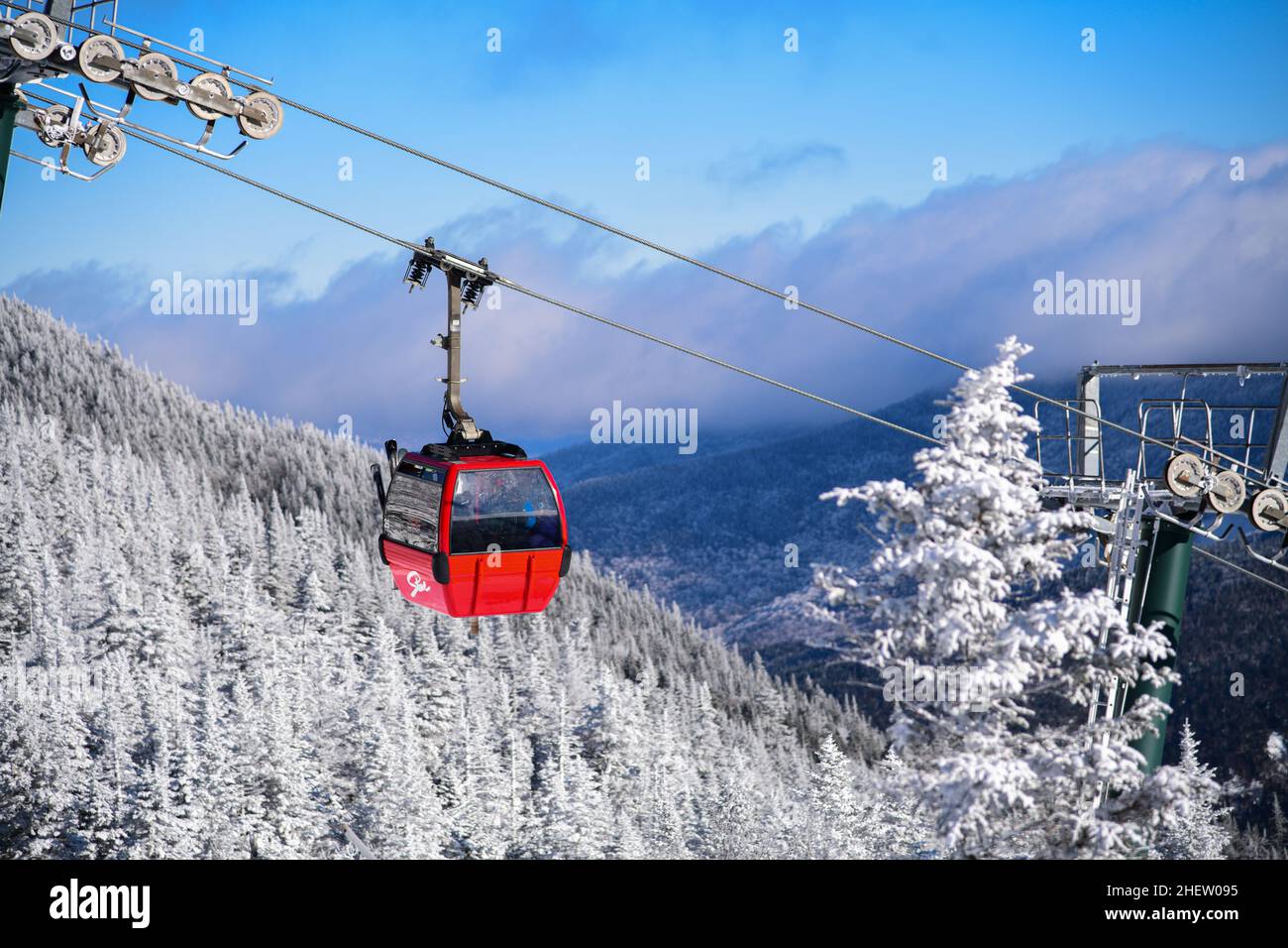 Stowe mountain ski resort gondola, Vermont USA. Winter landscape with ...