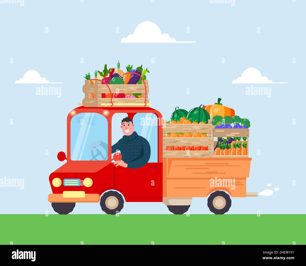 Truck with fresh vegetables and fruits. Cheerful farmer or delivery man ...