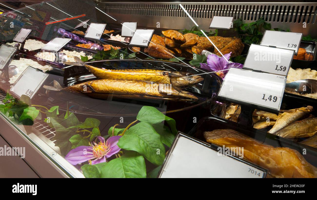 several kind of fishes as trout, carp lieing behind a windows at a ...