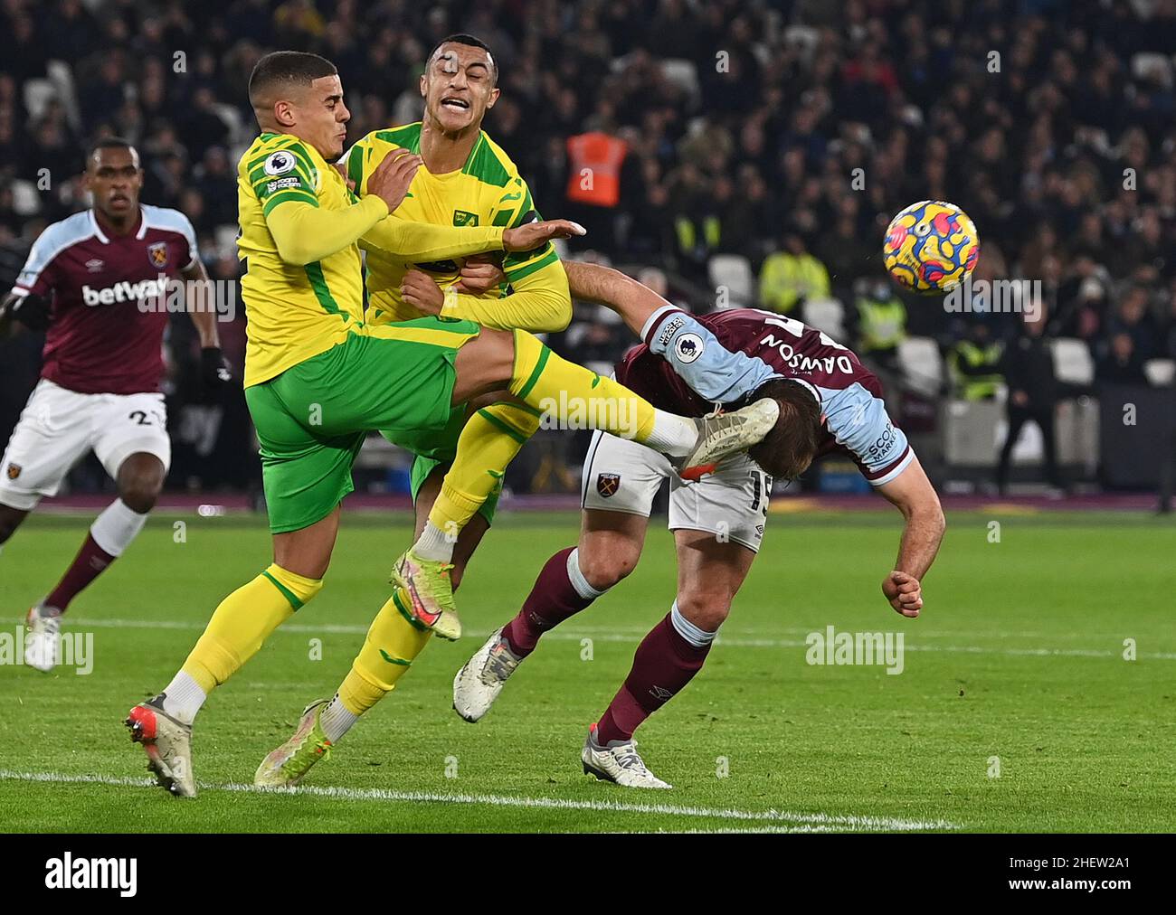 London, UK. 12th Jan, 2022. Craig Dawson (West Ham) stoops for the ball ...