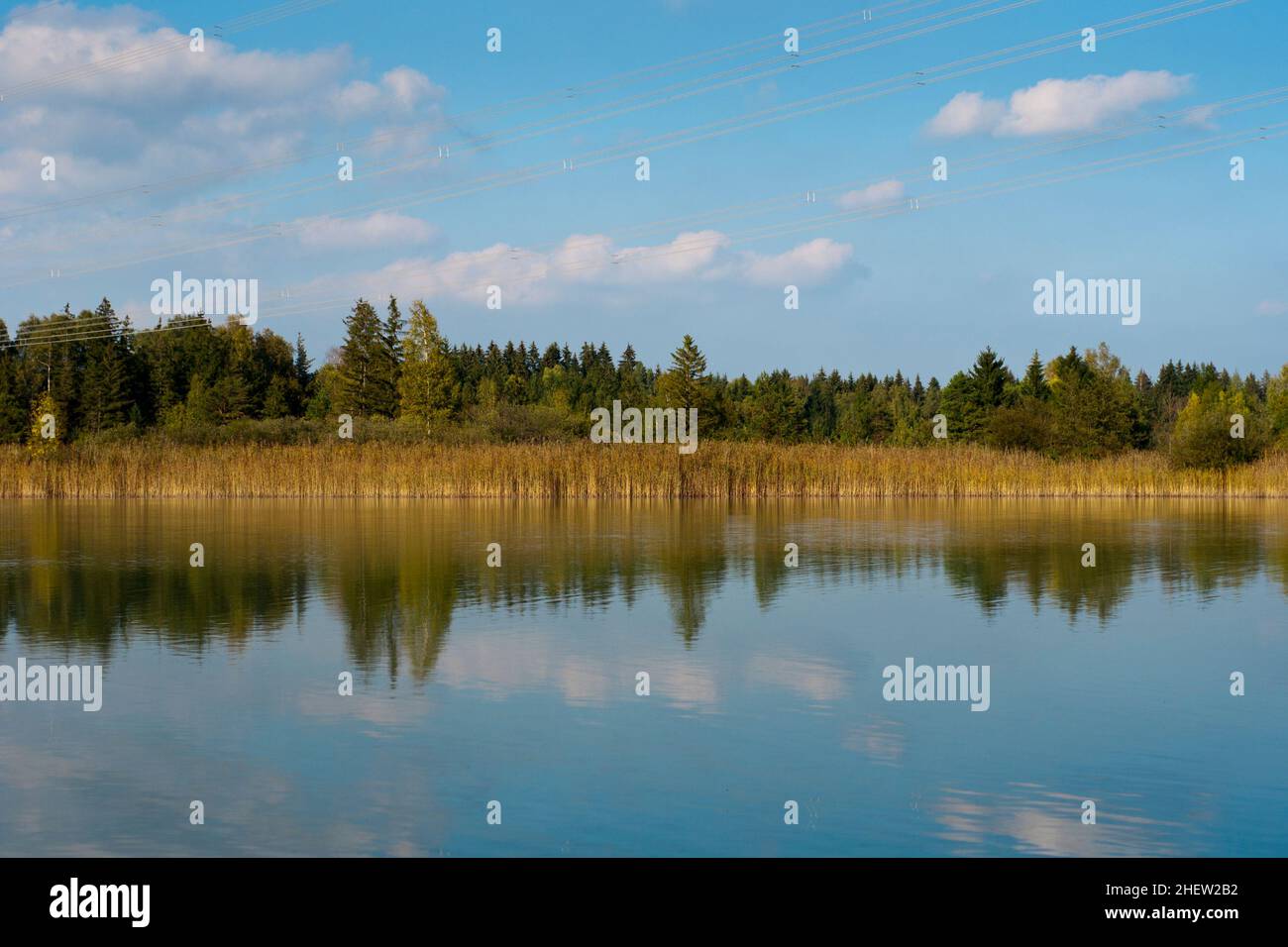 untouched landscape with blue sky, trees and a lake in front of Stock ...