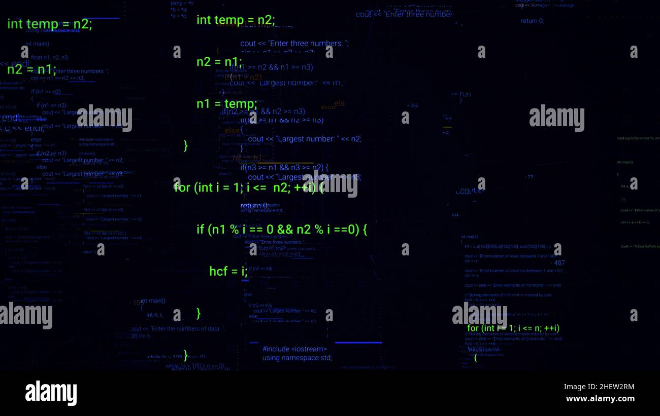 Abstract flight through moving computer code on black background with ...