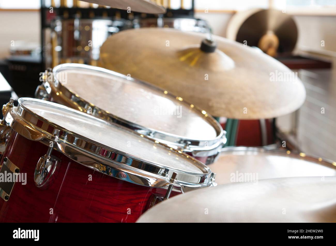 view on two drums and plates kit with wood visual apperance Stock Photo ...