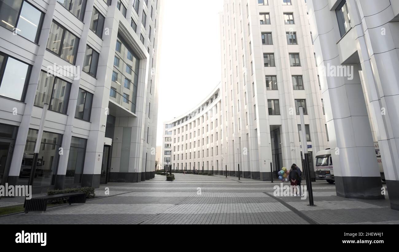Low angle view of a city business dictrict. Street with a beautiful ...