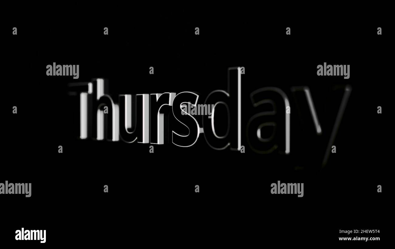 Day of the week thursday from capital letters of grey color, 3D. Word ...