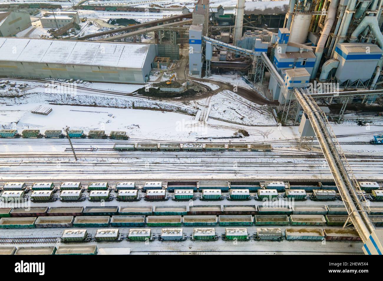 Aerial view of cargo train loaded with crushed stone materials at ...