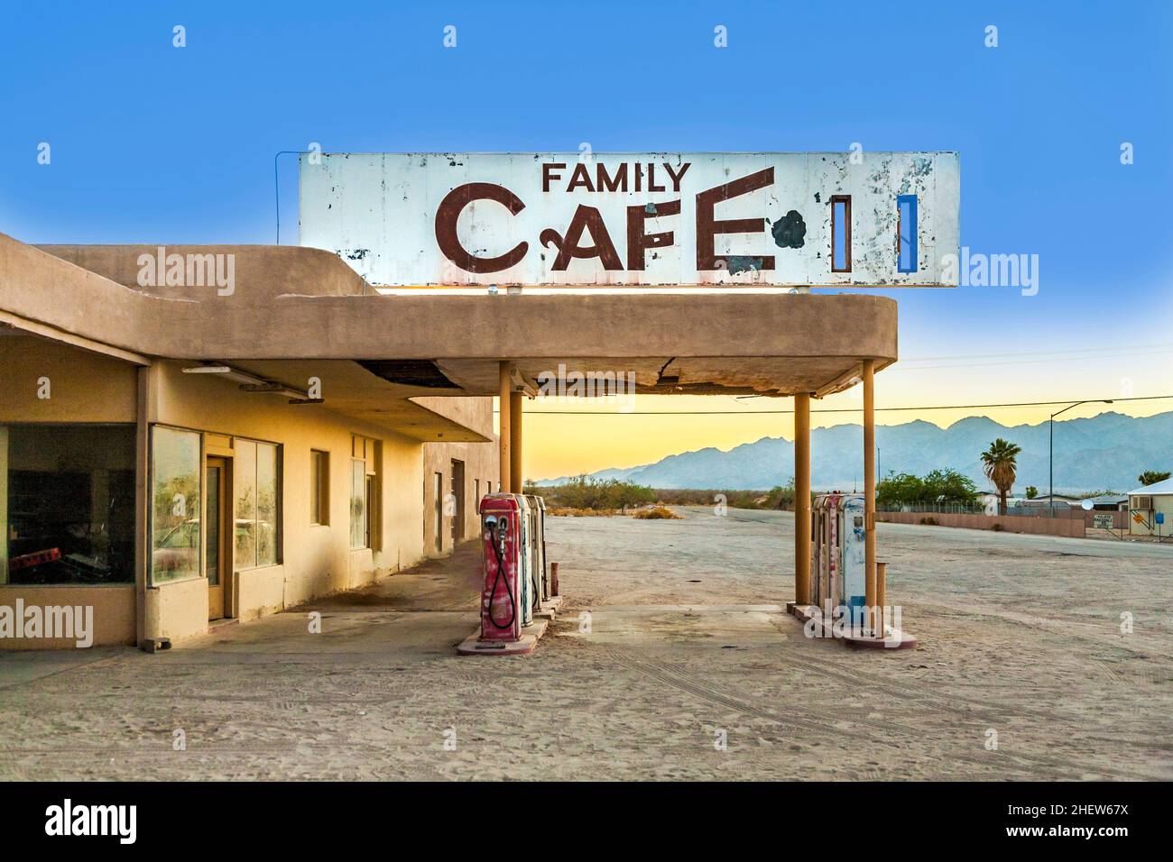 abandoned petrol station in the desert village of Desert Center in ...