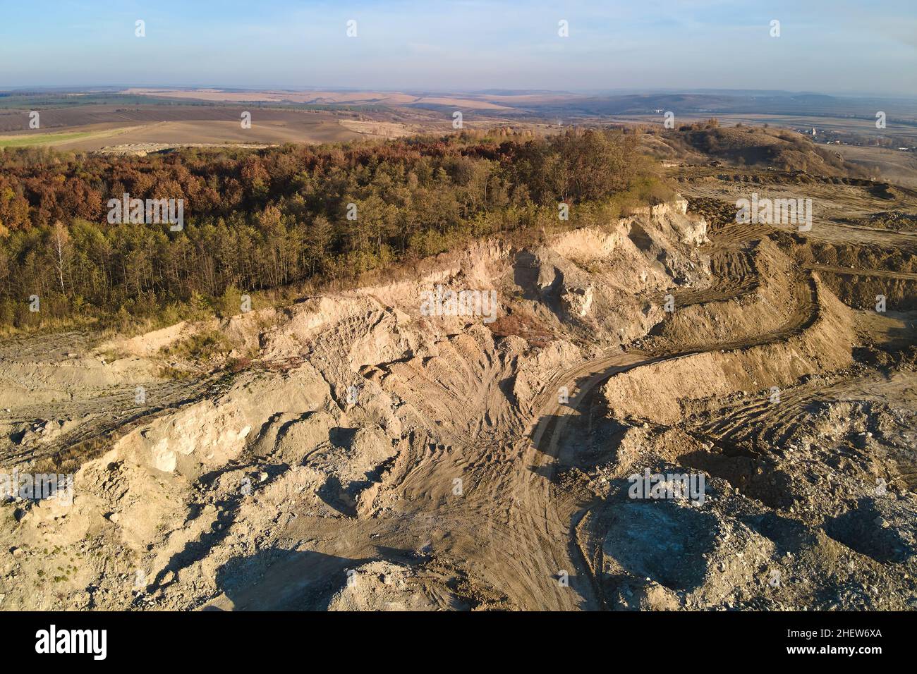 Aerial view of open pit mine of sandstone materials for construction ...