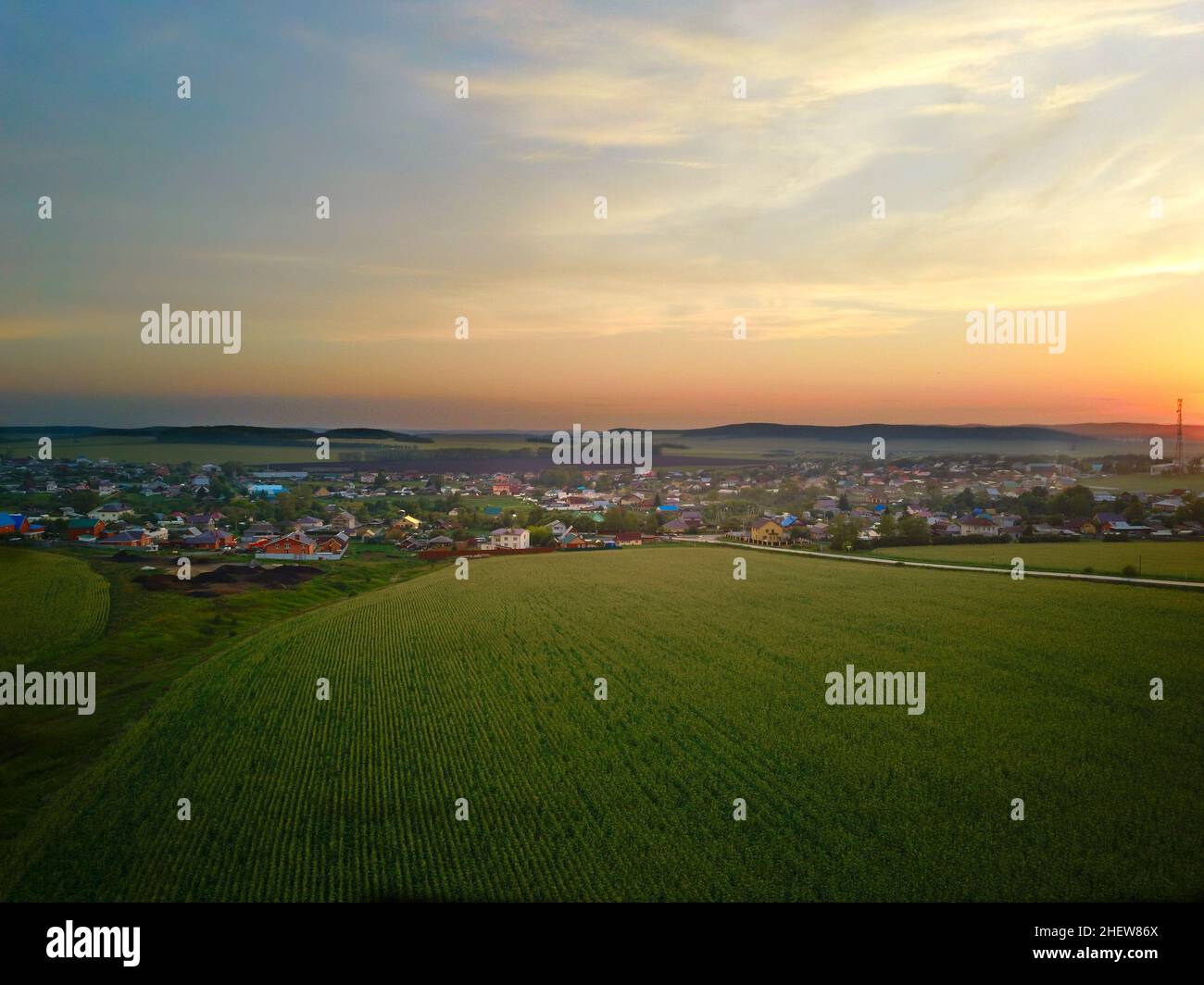 A bird's-eye view from a drone of the countryside landscape ...