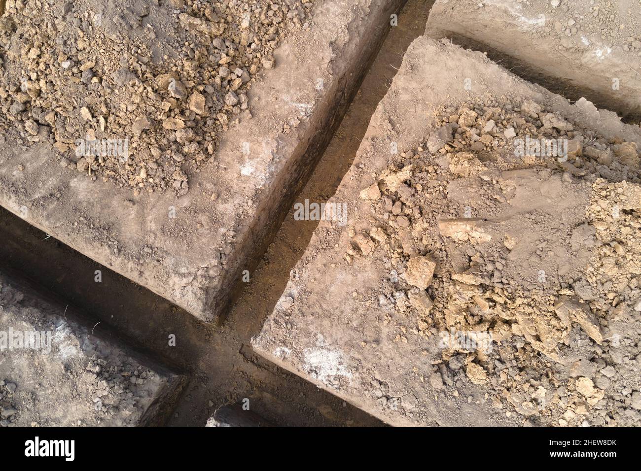 Dug out trench for building works of new house concrete foundation on ...