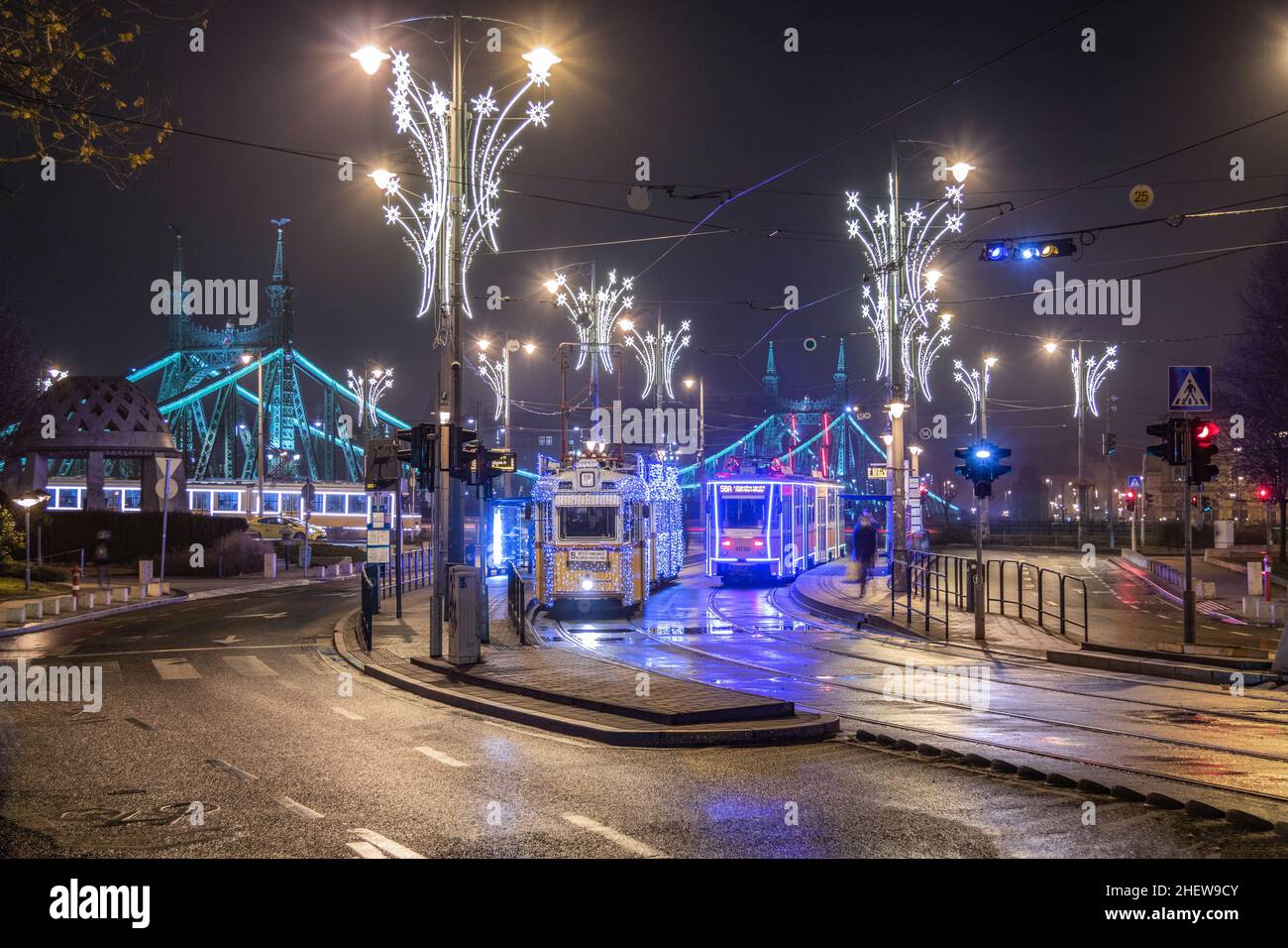 Christmas light trams on St. Gellért square in Budapest Stock Photo - Alamy