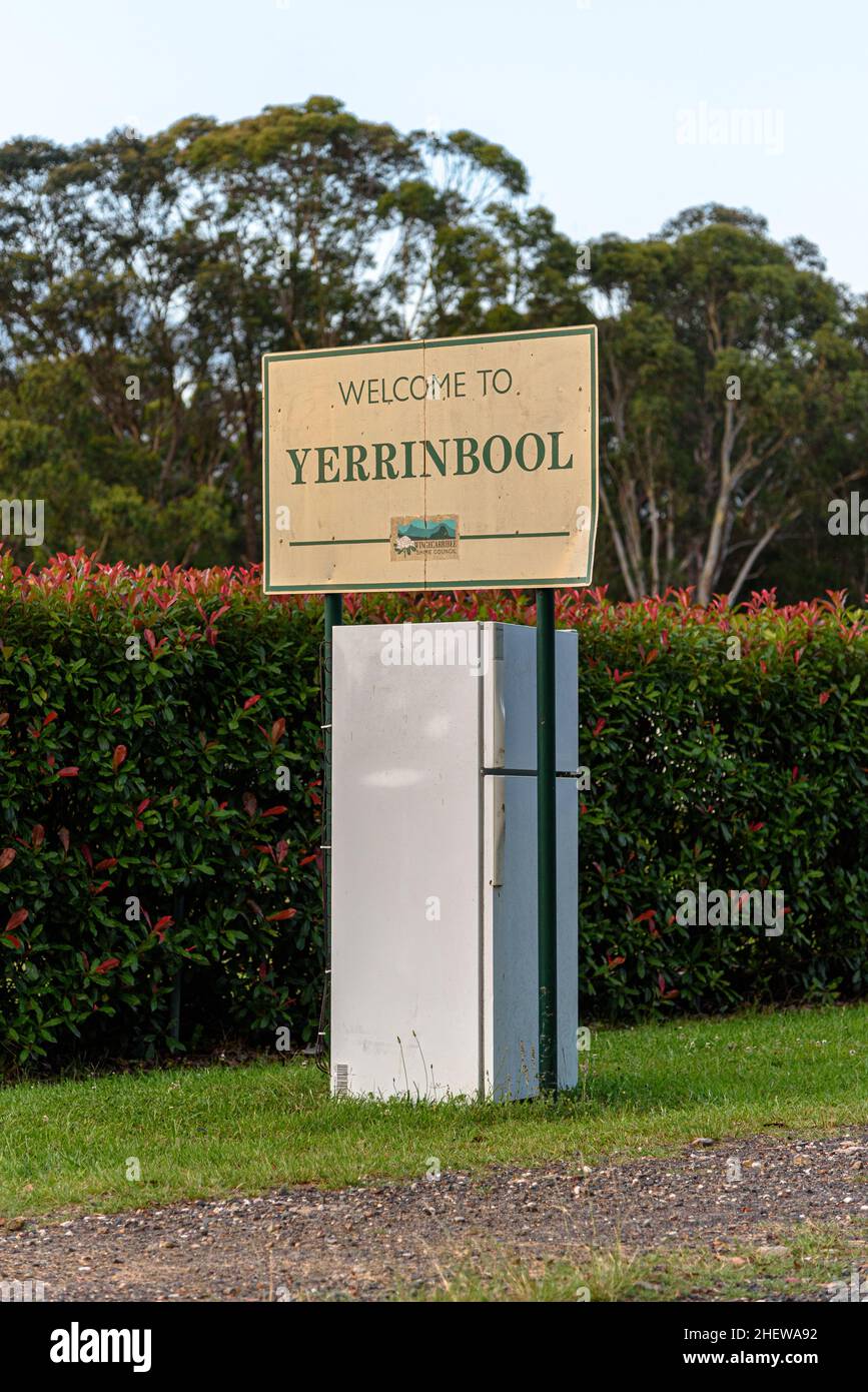 The welcome sign for Yerrinbool, New South Wales, and a refrigerator ...