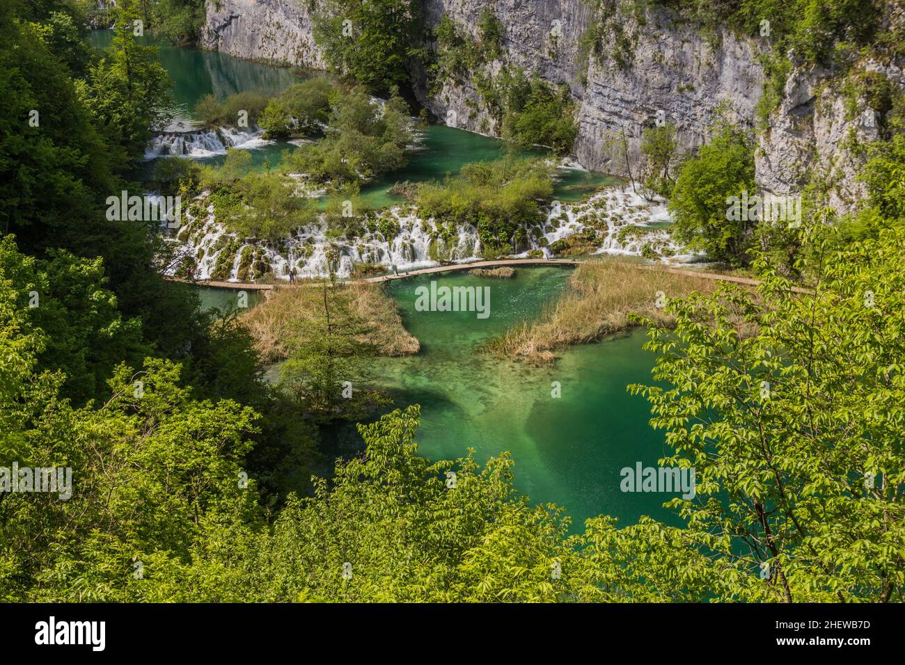 Aerial view of Big cascades boardwalk in Plitvice Lakes National Park ...