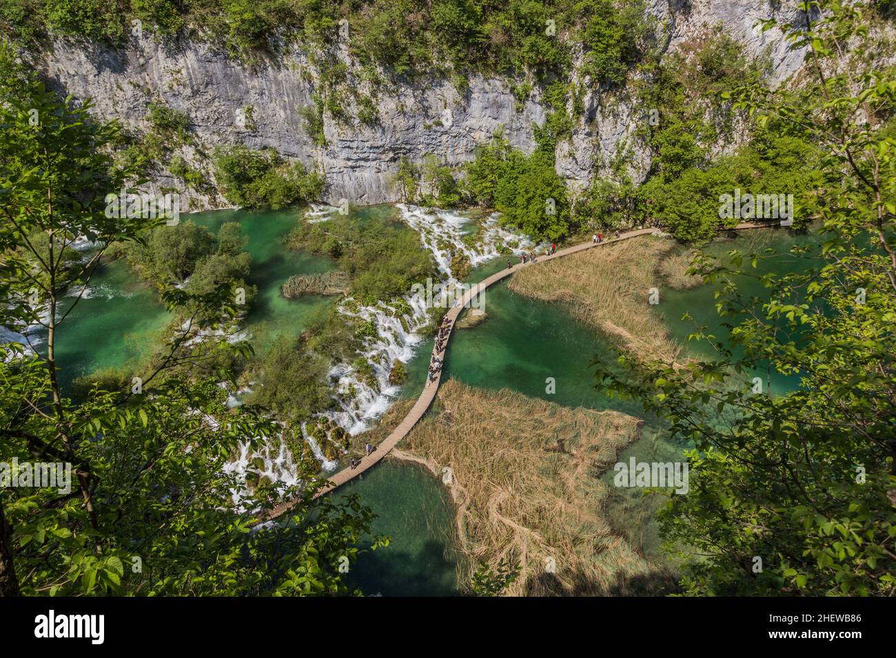 Aerial view of Big cascades boardwalk in Plitvice Lakes National Park ...