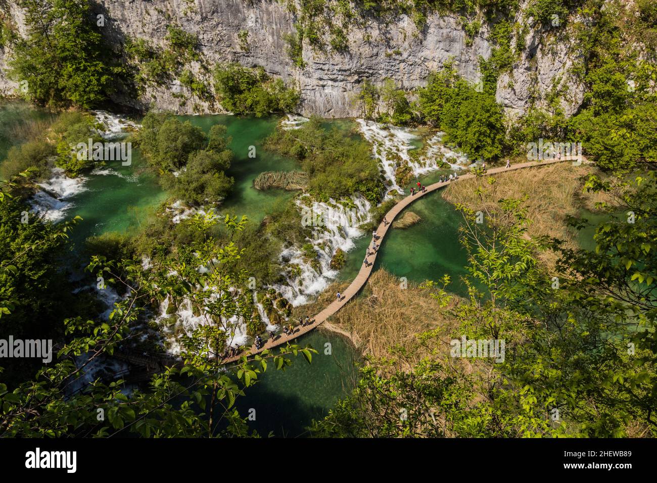 Aerial view of Big cascades boardwalk in Plitvice Lakes National Park ...