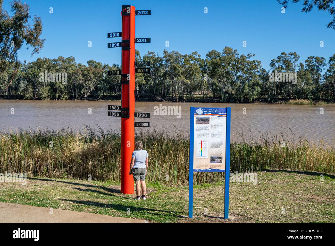 Flood marker on banks of Balonne River at St George, Queensland ...