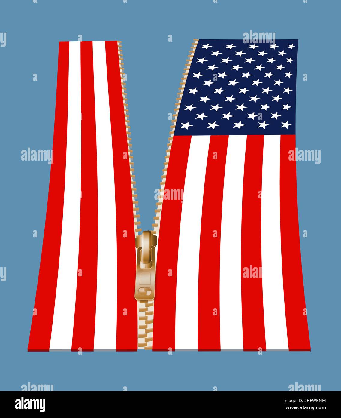 A United States of America flag has a zipper splitting the flag into ...