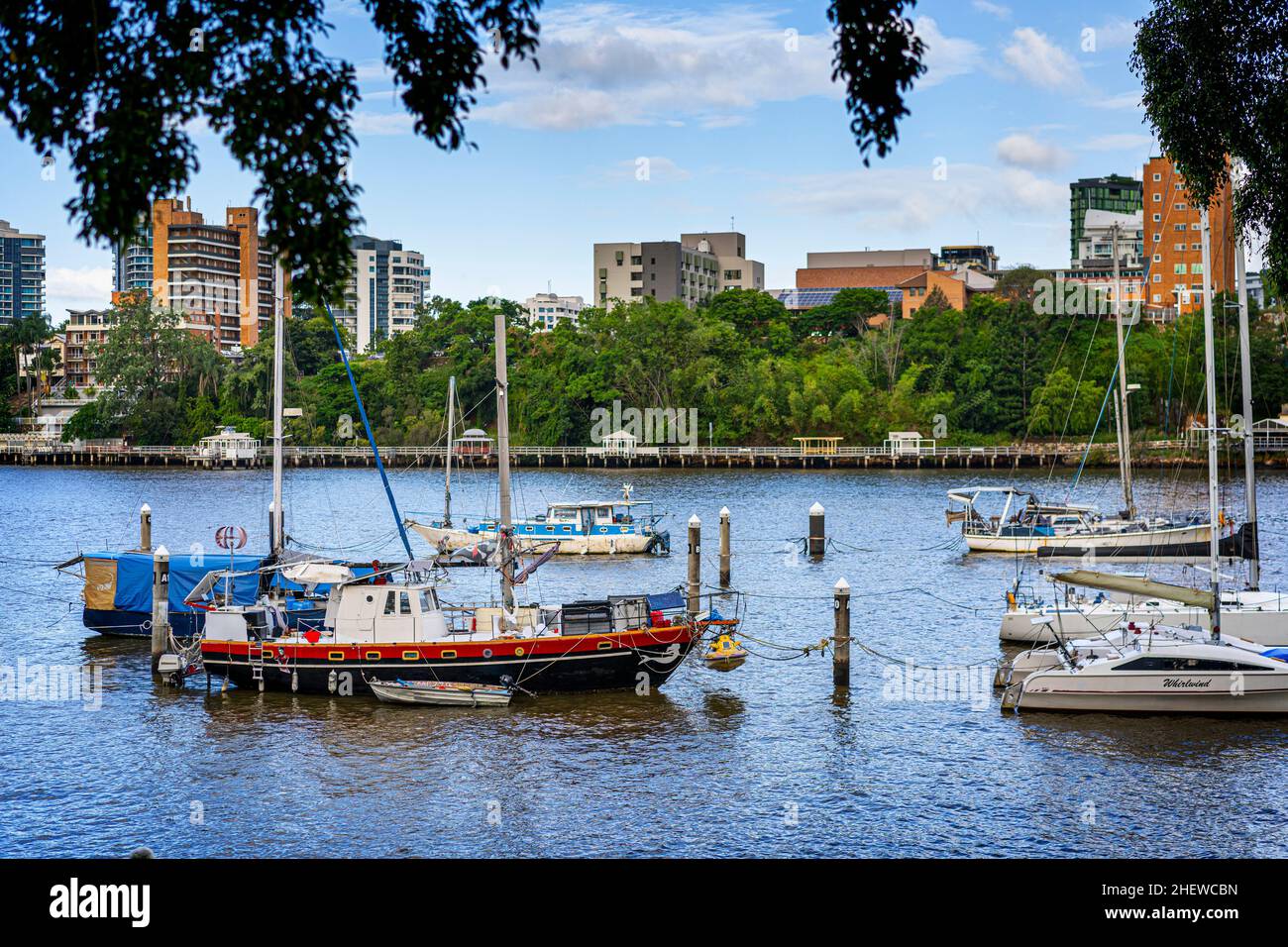 Yachts and pleasure craft moored in town reach of Brisbane River Stock ...