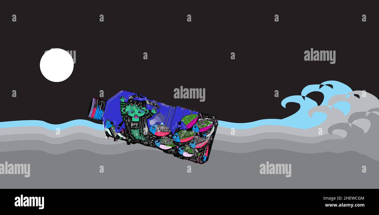 Vector illustration of a mermaid trapped in a plastic bottle in the ...