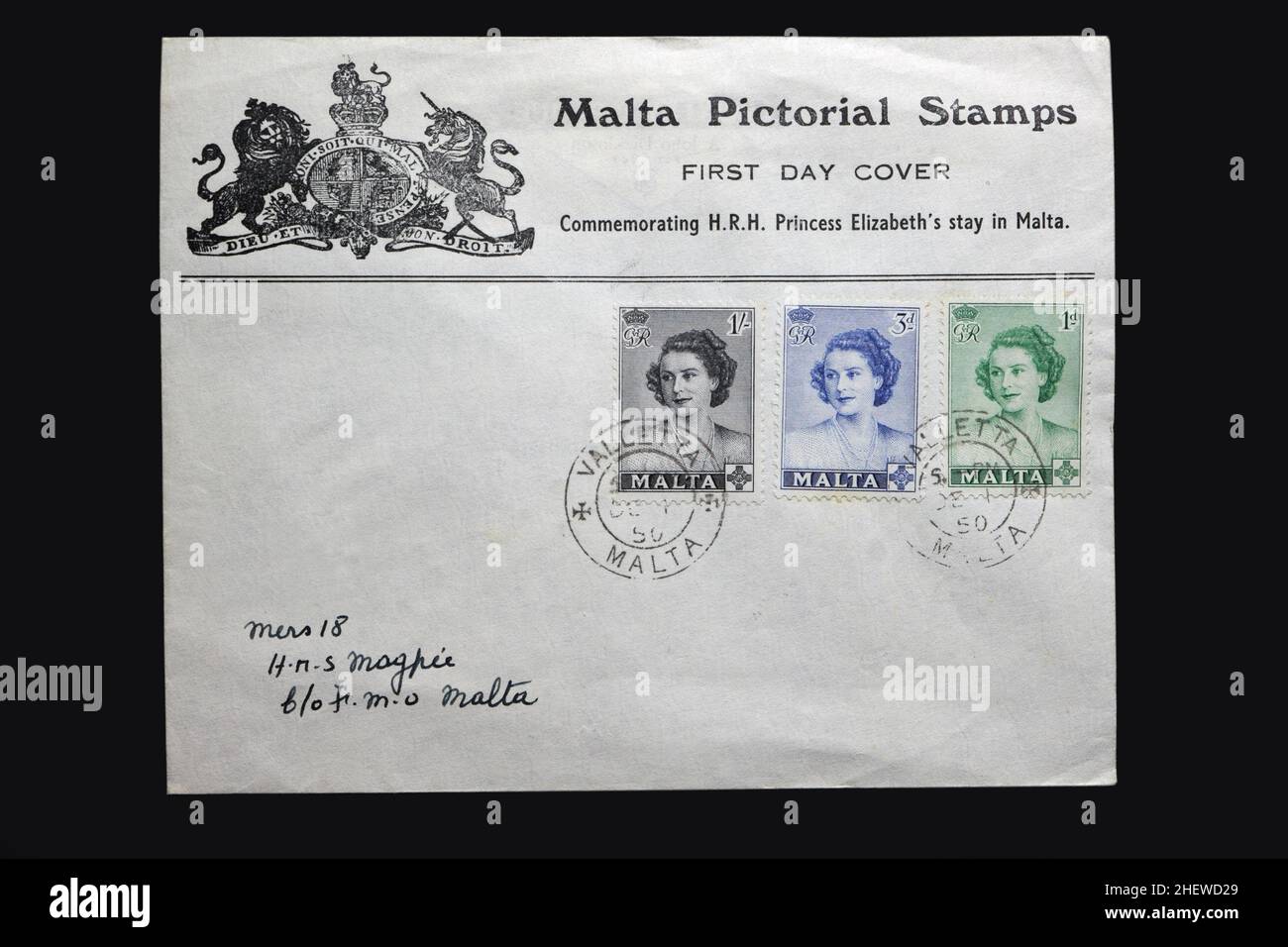 First day issue. Malta postage stamps featuring Princess Elizabeth in ...