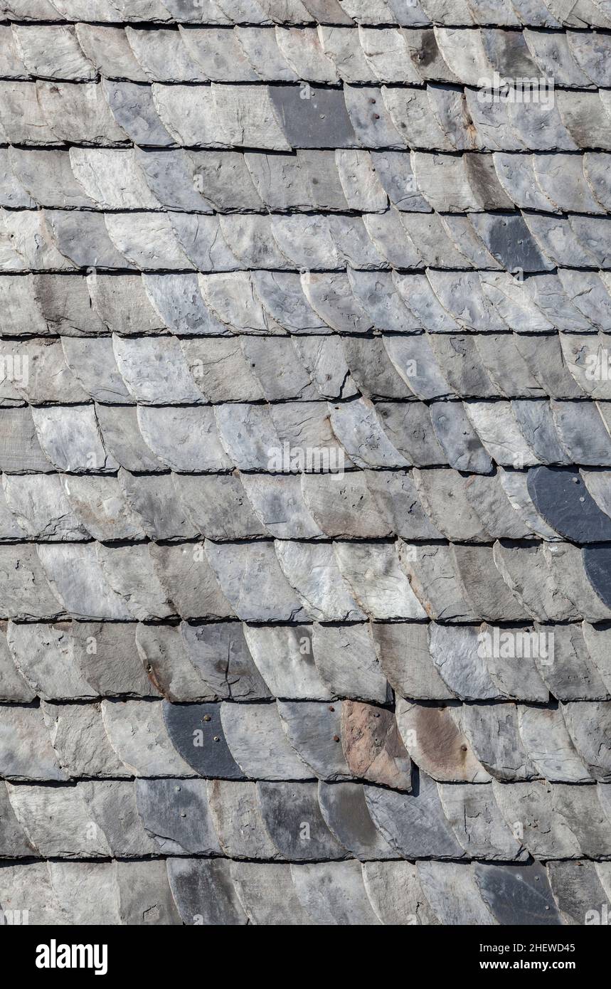 grey slate shingles at the grey wall gives a harmonic background Stock ...