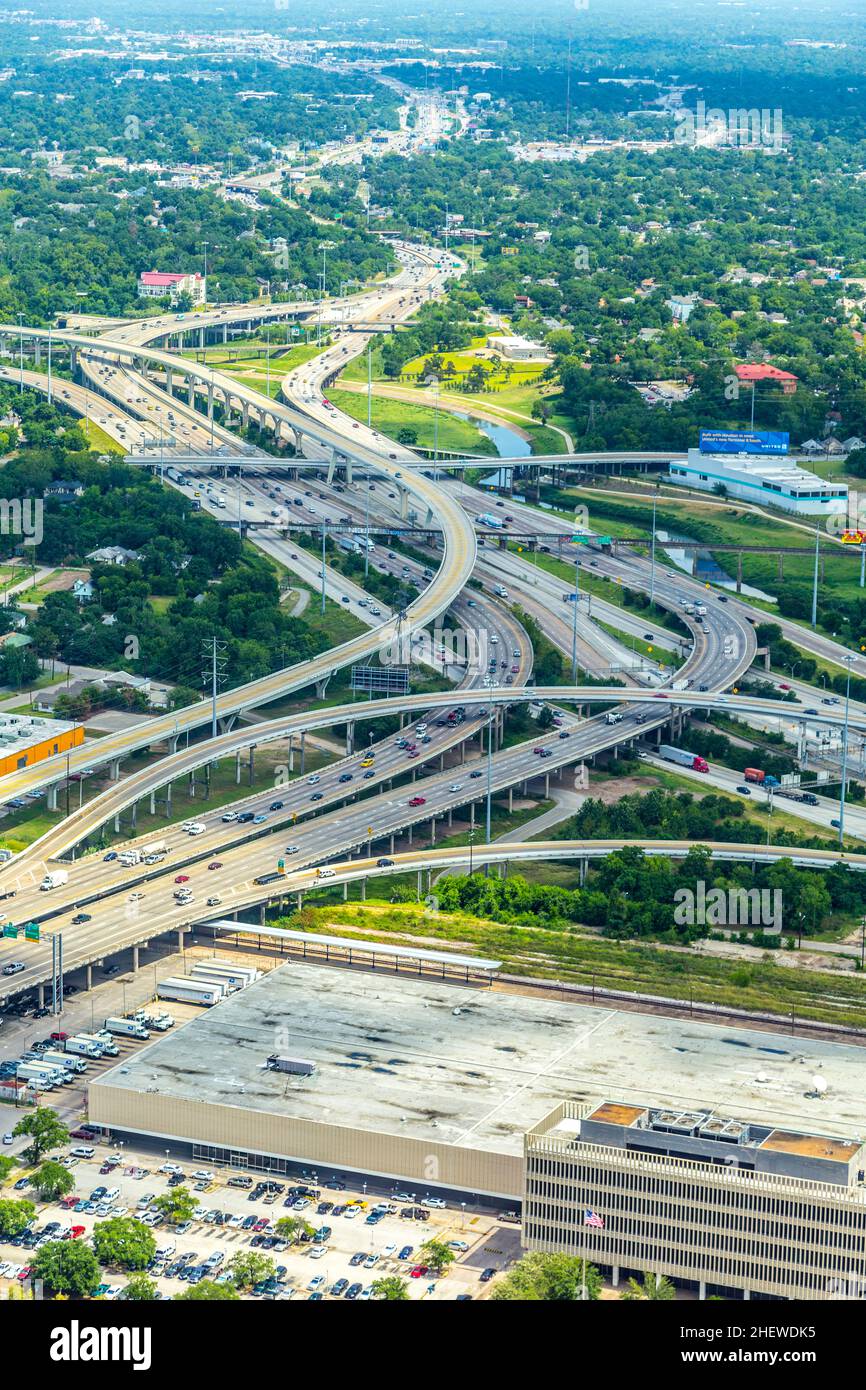 aerial of modern highway, bridges and streets in Houston, Texas Stock ...