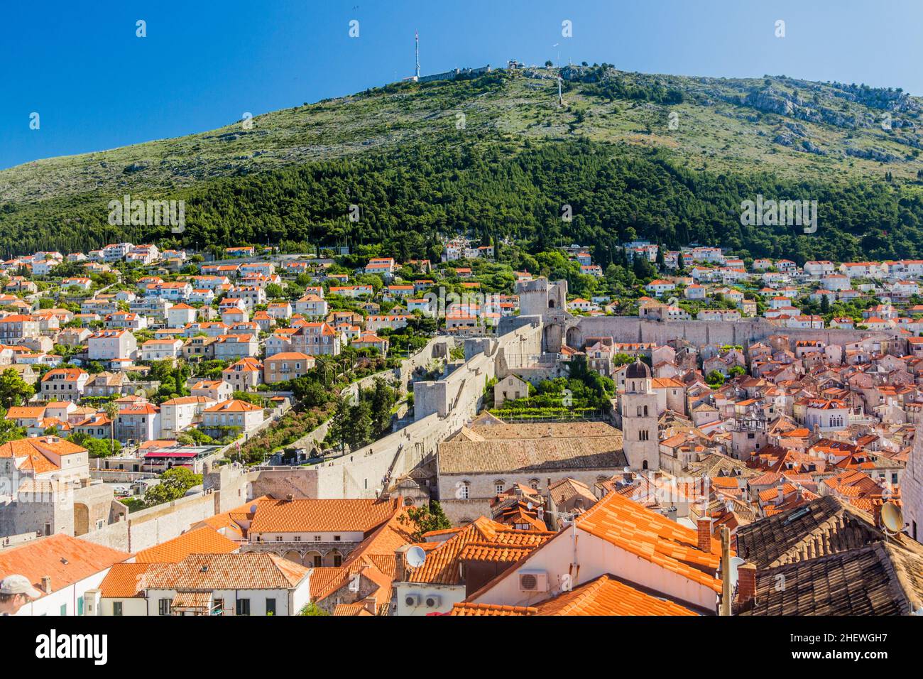 Walls of the old town of Dubrovnik and Srd mountain, Croatia Stock ...