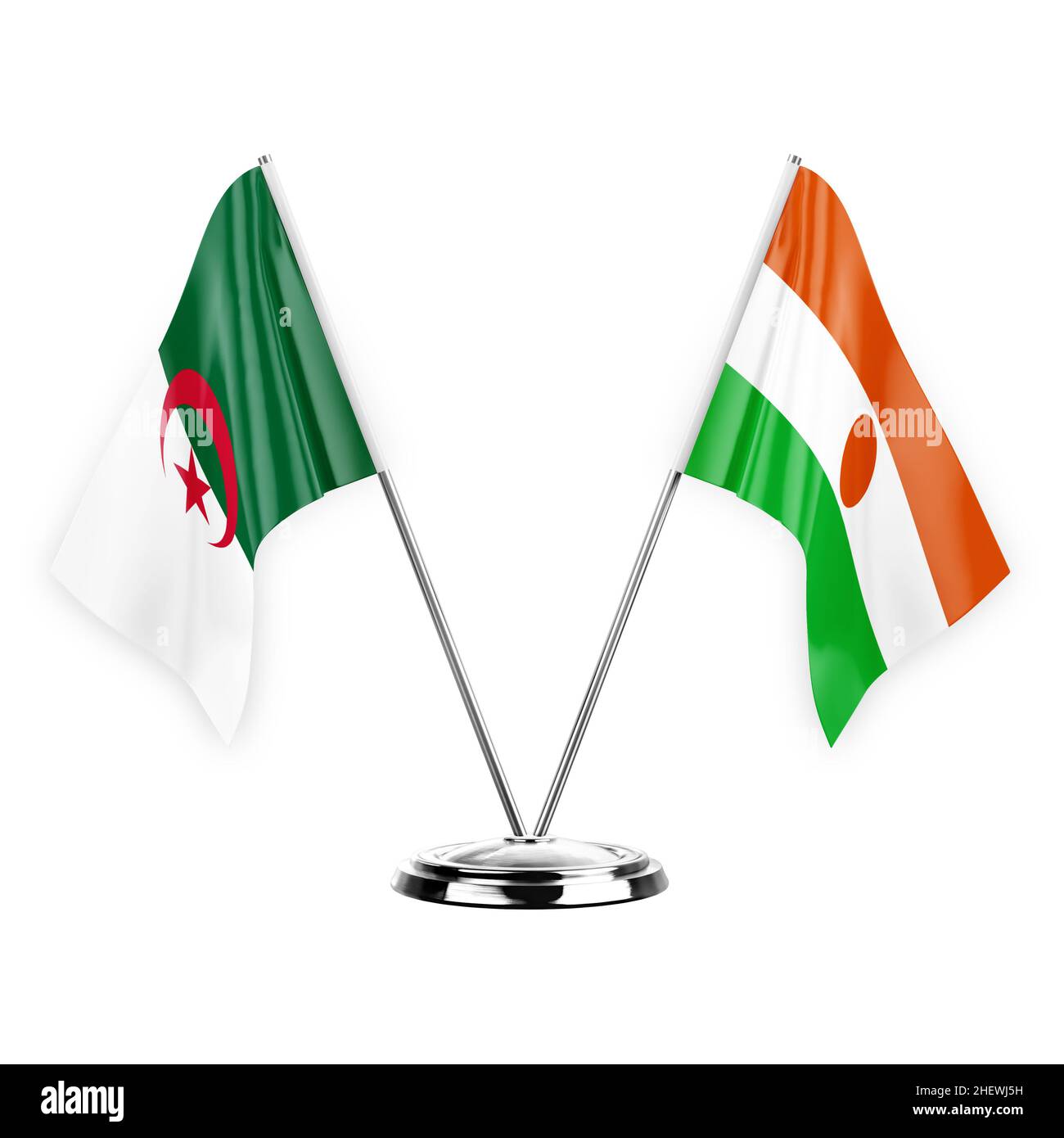 Two table flags isolated on white background 3d illustration, algeria ...