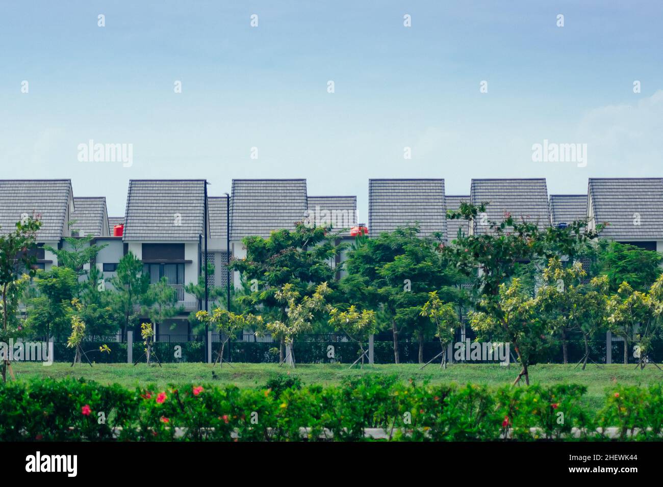 Beautiful residential area with nature park in the front under the ...