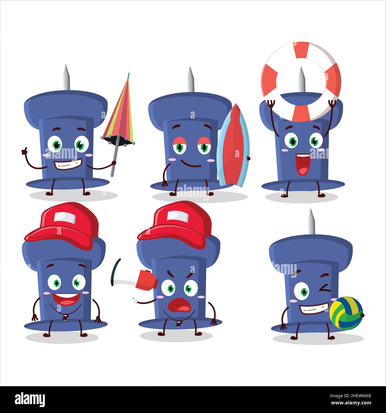Happy Face Blue Push Pin Cartoon Character Playing On A Beach Vector