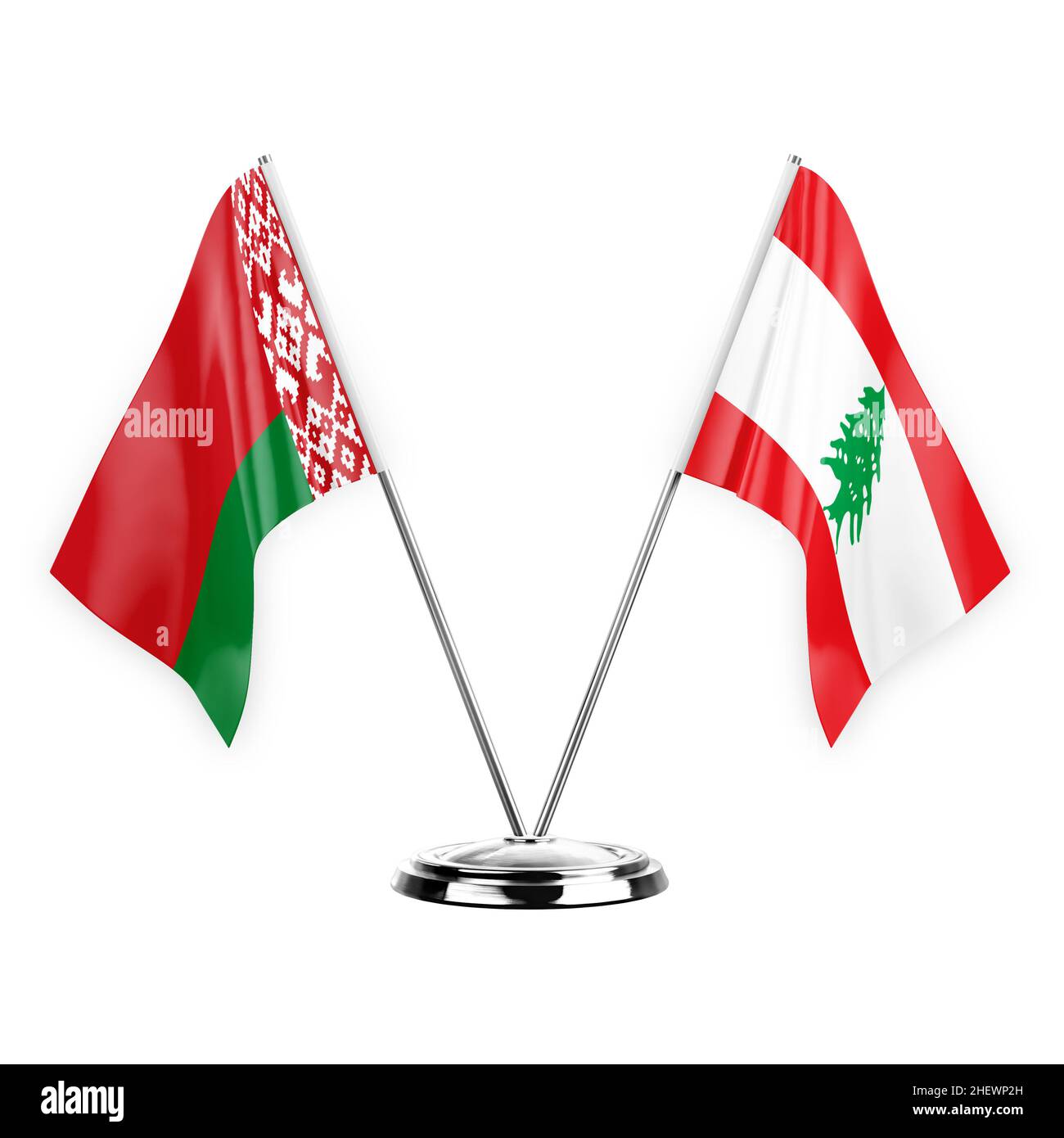 Two table flags isolated on white background 3d illustration, belarus ...