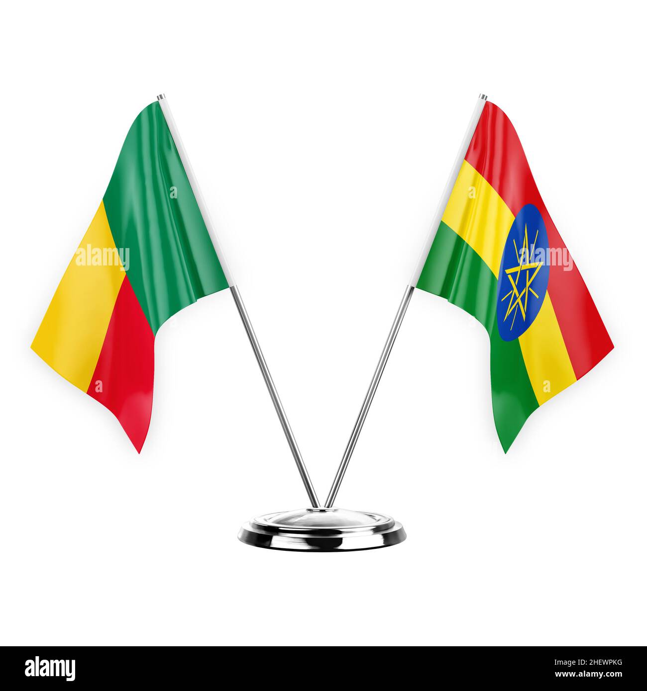 Two table flags isolated on white background 3d illustration, benin and ...