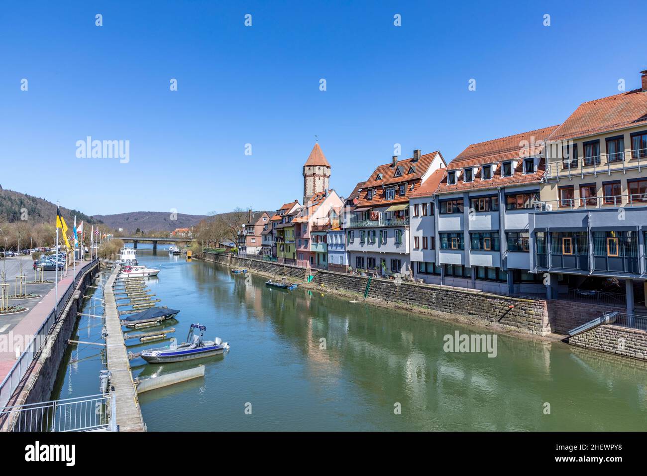 river Tauber at the scenic medieval village of Wertheim in Bavaria ...