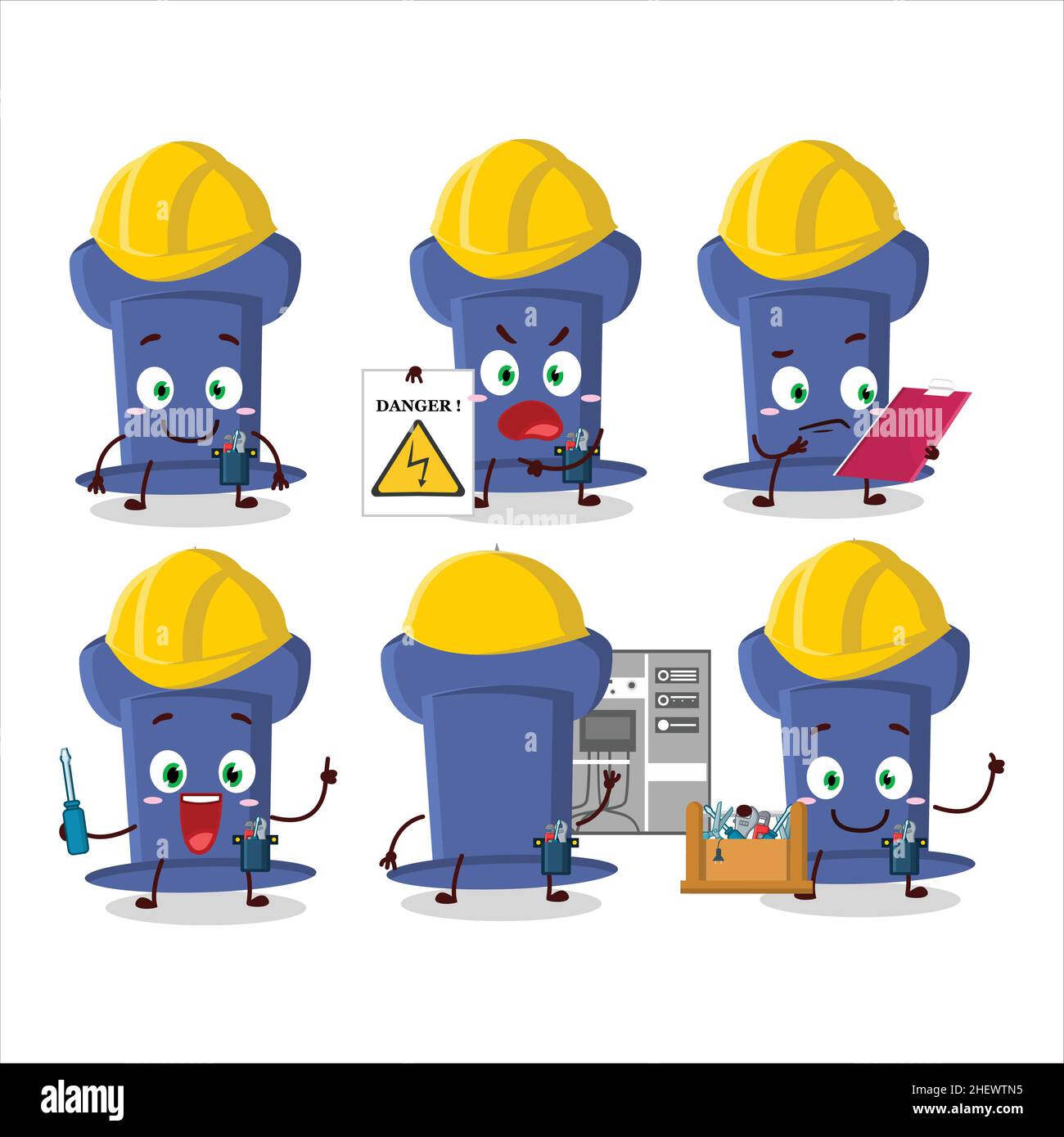 Professional Lineman blue push pin cartoon character with tools. Vector ...