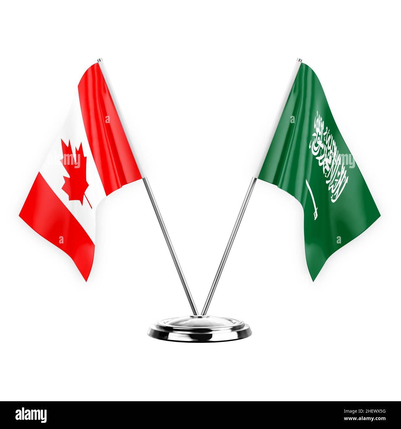Two table flags isolated on white background 3d illustration, canada ...