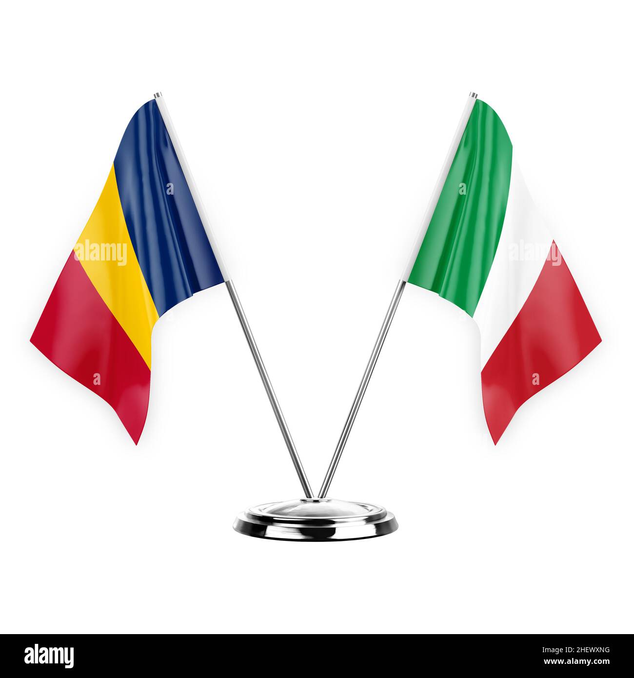 Two table flags isolated on white background 3d illustration, chad and ...