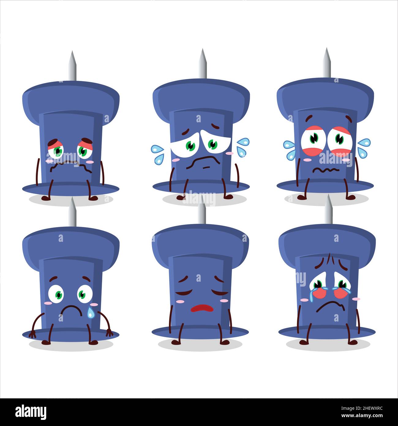 Blue push pin cartoon character with sad expression. Vector ...