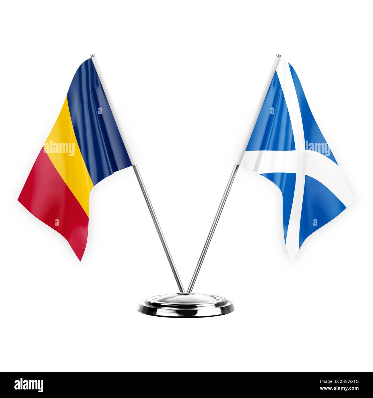 Two table flags isolated on white background 3d illustration, chad and ...