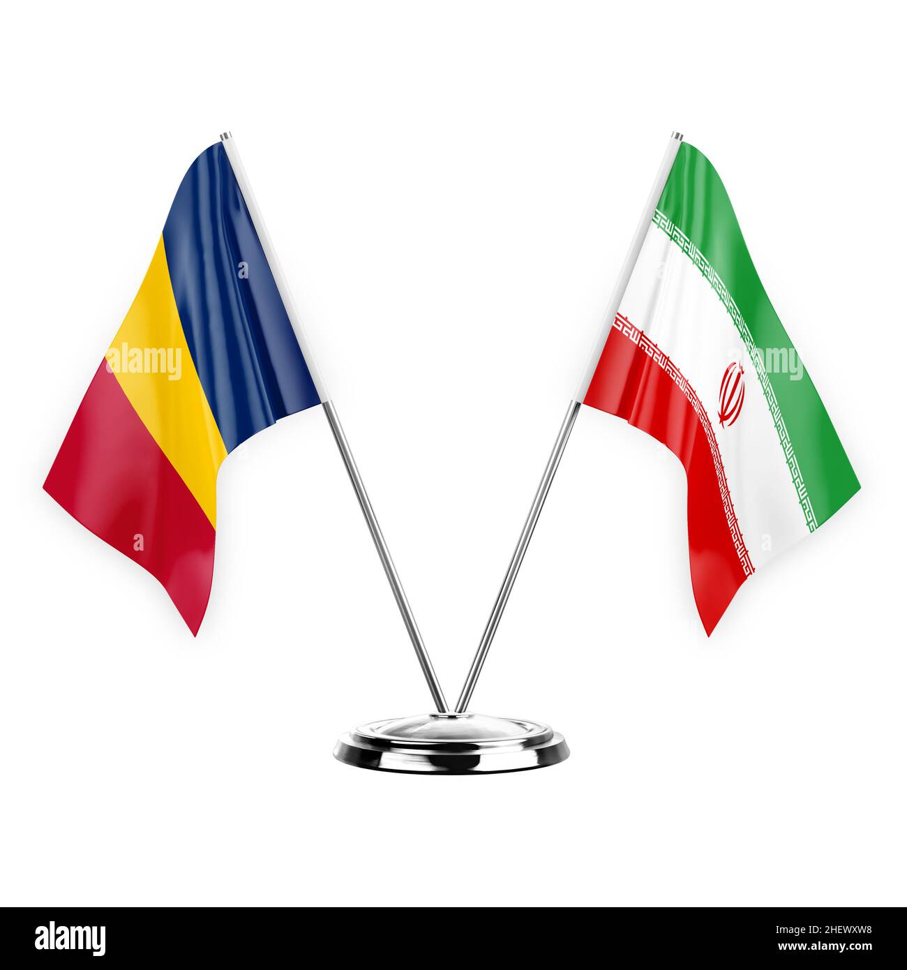 Two table flags isolated on white background 3d illustration, chad and ...