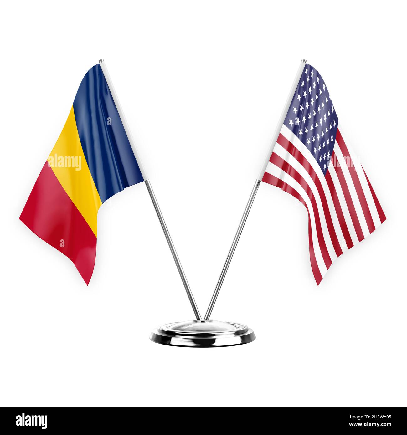 Two table flags isolated on white background 3d illustration, chad and ...