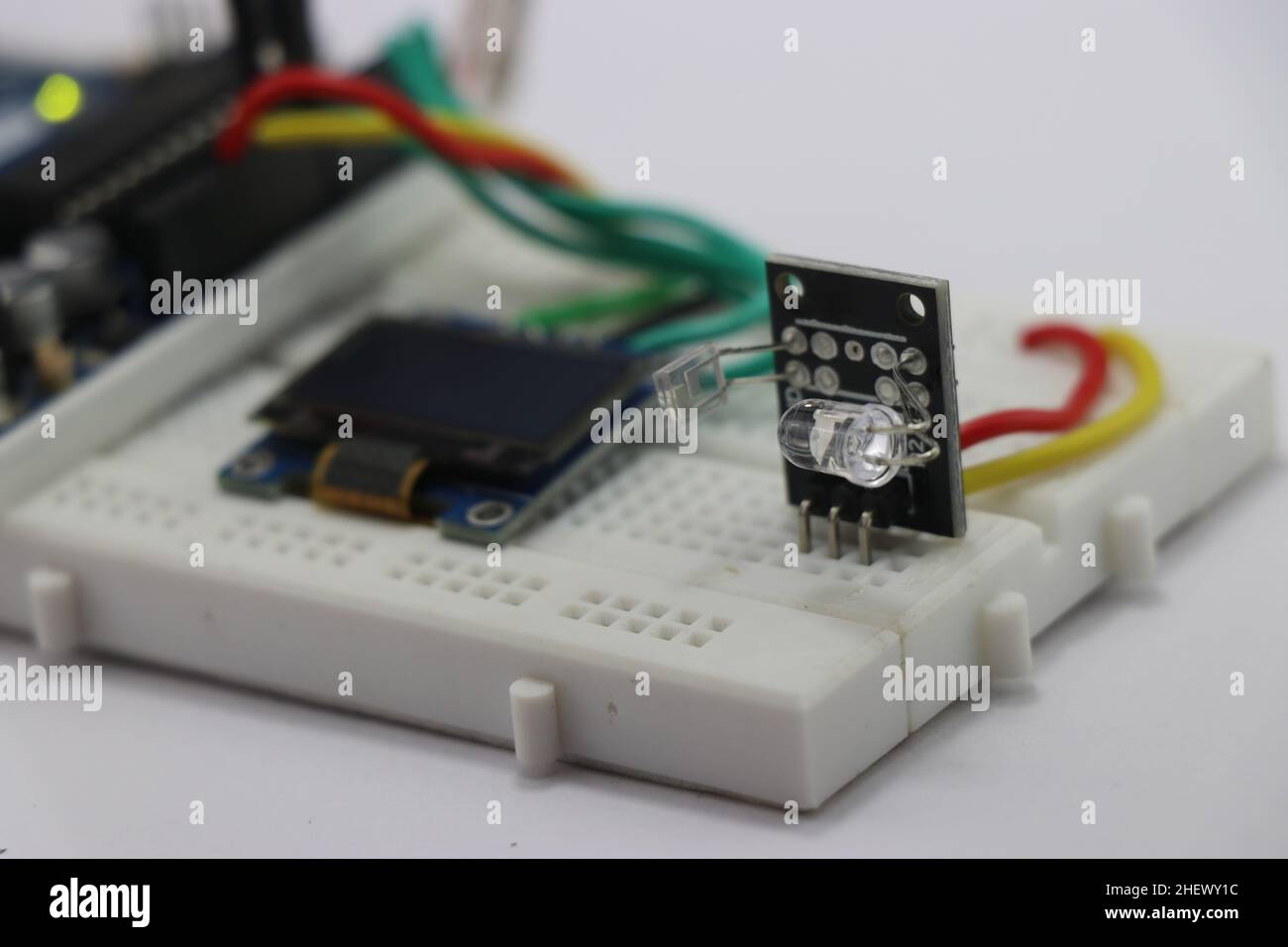 Breadboard circuit using OLED module, Pulse sensor and some wires ...