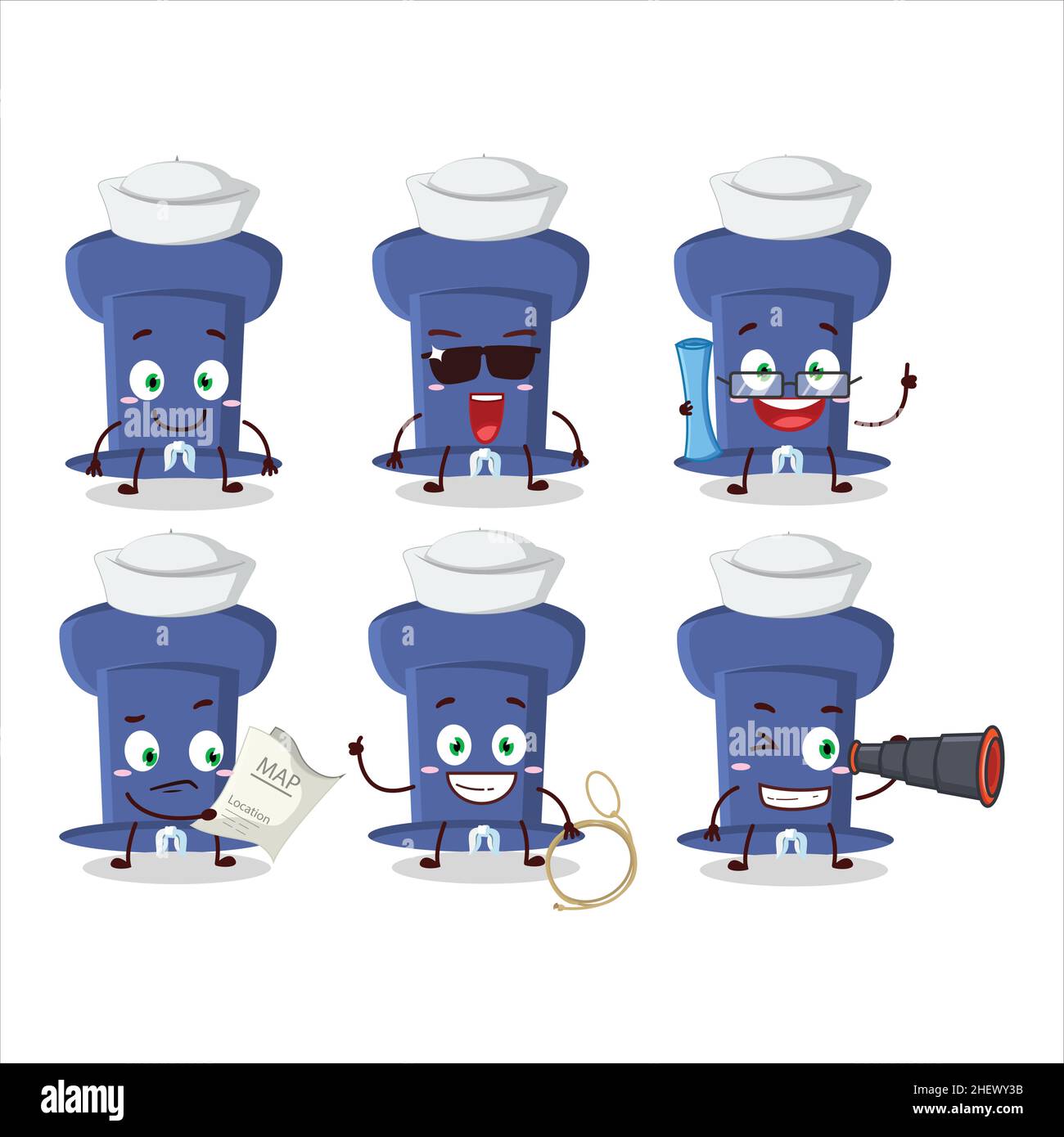 A character image design of blue push pin as a ship captain with ...
