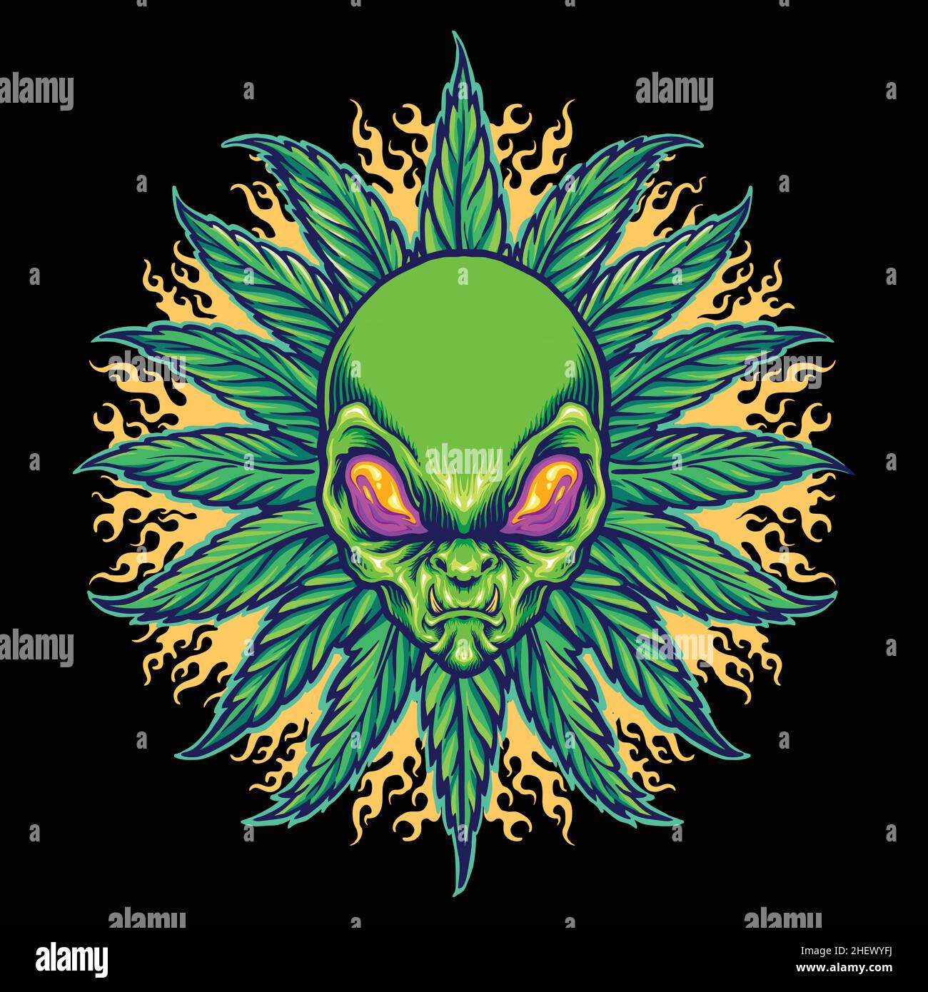 Weed Alien Cannabis Mandala with Fire Vector illustrations for your ...