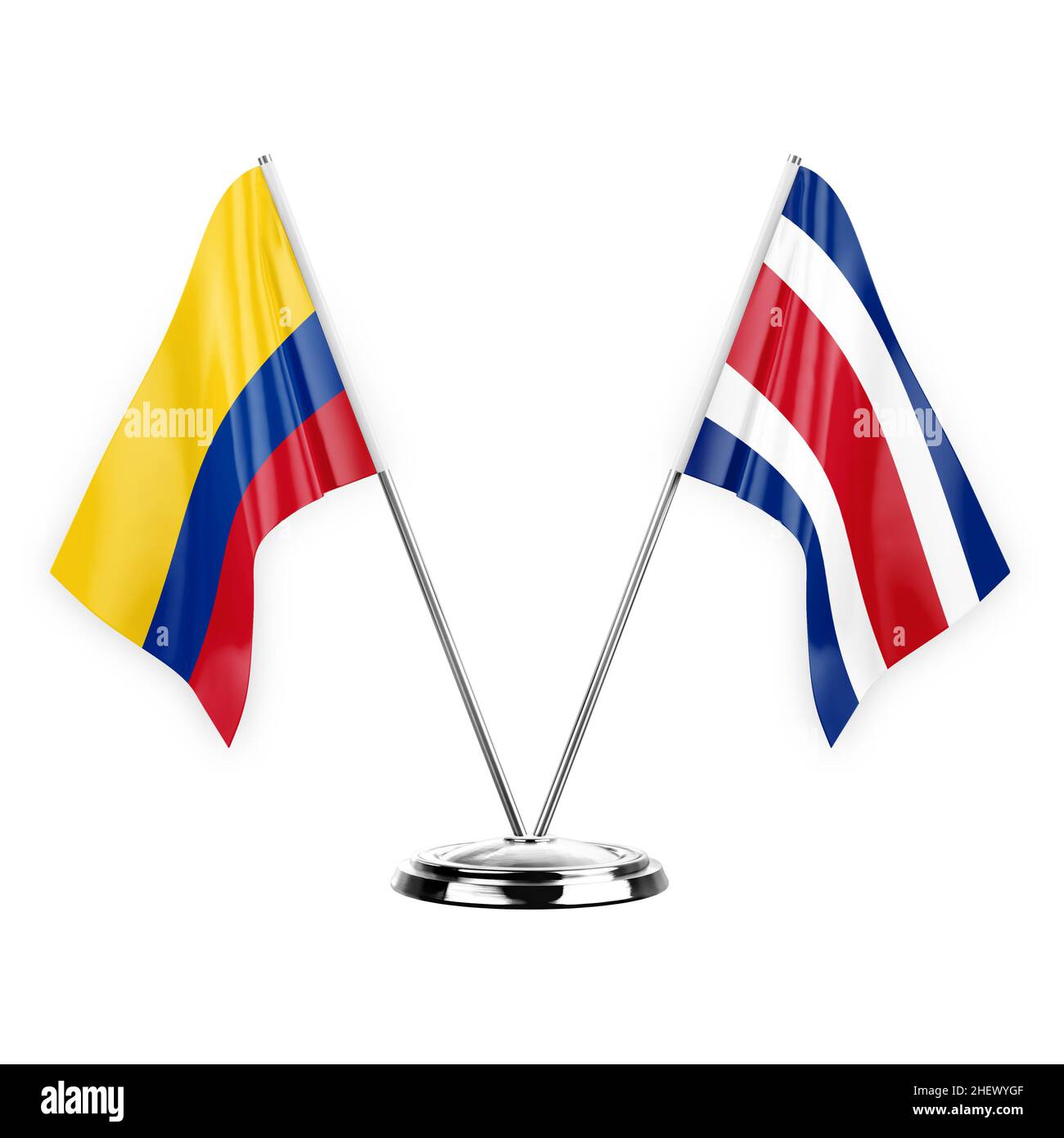 Two table flags isolated on white background 3d illustration, colombia ...