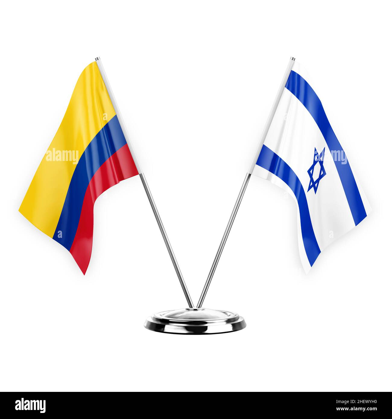 Two table flags isolated on white background 3d illustration, colombia ...