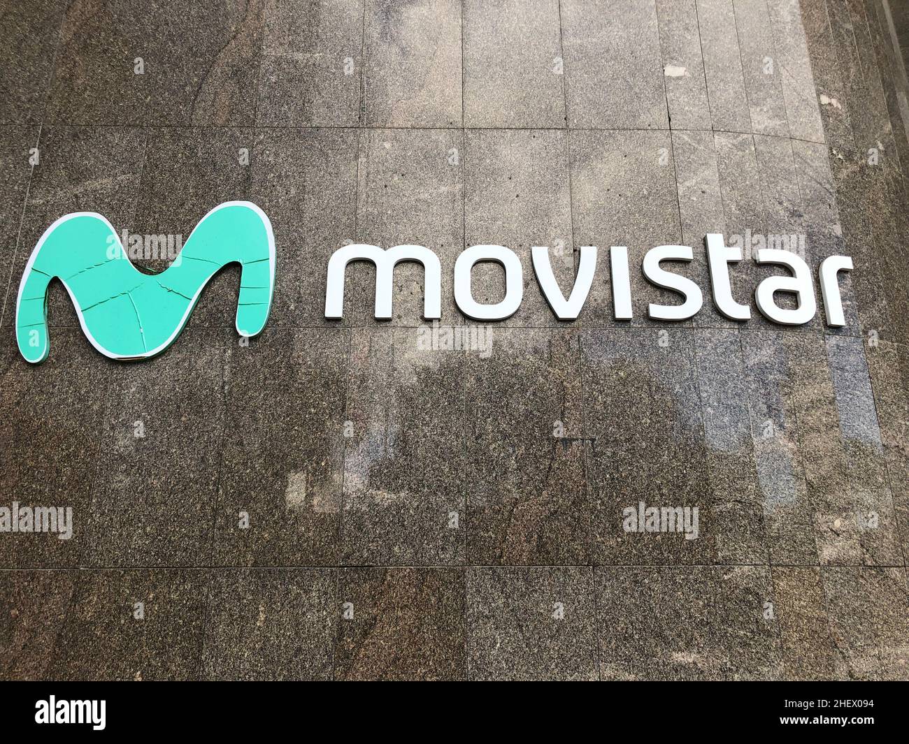 logo of modern building of telecommunications operator Telefonica ...