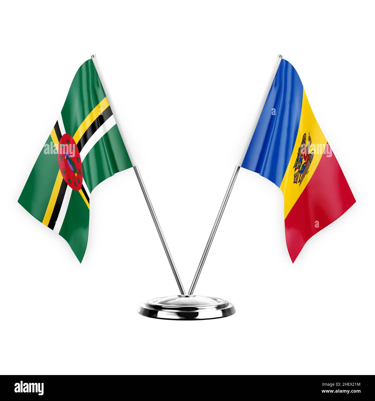 Two table flags isolated on white background 3d illustration, dominica ...