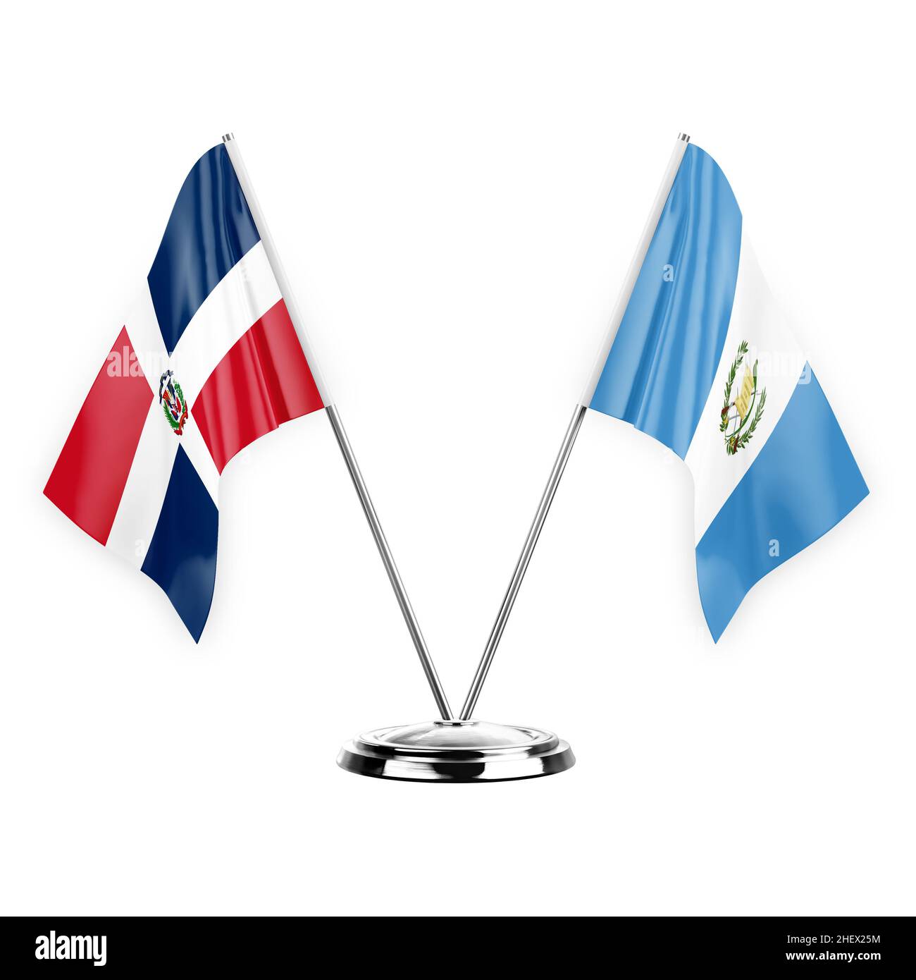 Two table flags isolated on white background 3d illustration, dominican ...